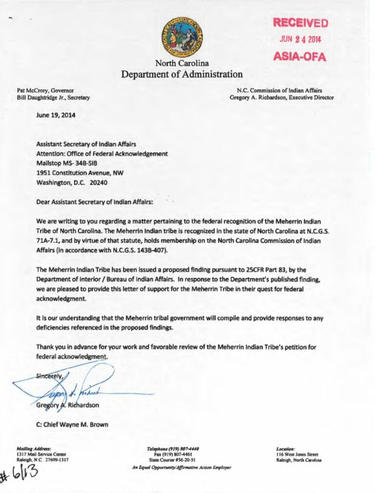 Letters of support for Federal Recognition – Meherrin Indian Nation