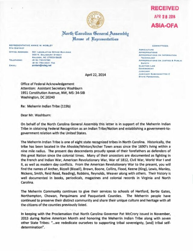 Letters of support for Federal Recognition – Meherrin Indian Nation